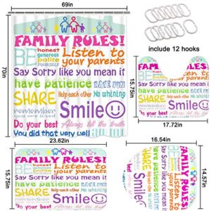 Ikfashoni 4Pcs Family Rules Shower Curtain Set with Non-Slip Rugs, Toilet Lid Cover and Bath Mat, Kids Educational Shower Curtain with 12 Hooks, Durable Waterproof Fabric Shower Curtain for Bathroom