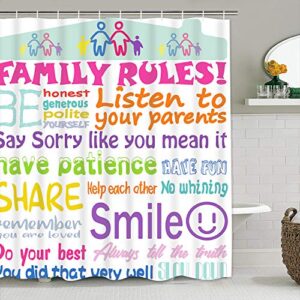 Ikfashoni 4Pcs Family Rules Shower Curtain Set with Non-Slip Rugs, Toilet Lid Cover and Bath Mat, Kids Educational Shower Curtain with 12 Hooks, Durable Waterproof Fabric Shower Curtain for Bathroom