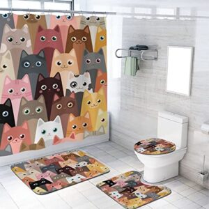 zmcongz cat 4 pcs shower curtain set colorful kitten cartoon kitty funny lovely animal bathroom decor bath curtain with rugs toilet lid cover bath mat, 72x72 inch