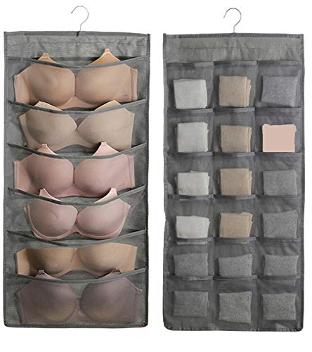 ST-BEST-P Bra and Underwear Hanging Storage Organizer Mesh Pockets Dual Sided Wall Shelves Space Saver Bag Sock Underpants Drawer Closet Clothes Rack (Gray:(6+18pockets))