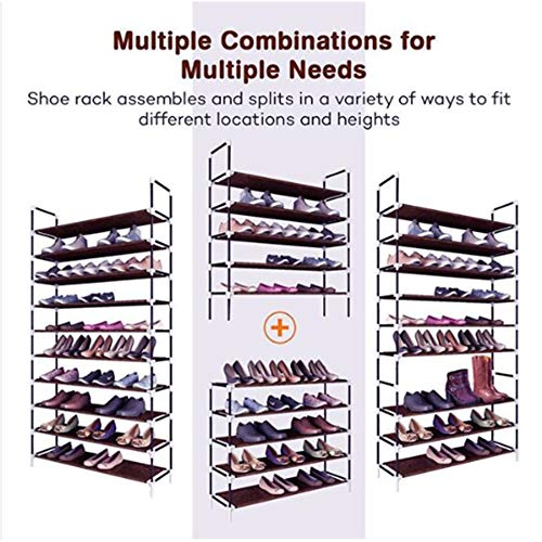 KAAYEE 10 Tiers Shoe Rack Storage Organizer Shelves 50 Pairs Stackable Shoes Racks (39.37 x 11 x 70.87) Non-Woven Fabrics & Steel with Handle (Black)