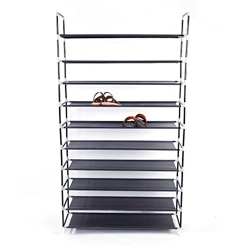 KAAYEE 10 Tiers Shoe Rack Storage Organizer Shelves 50 Pairs Stackable Shoes Racks (39.37 x 11 x 70.87) Non-Woven Fabrics & Steel with Handle (Black)