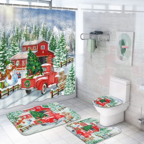 Alishomtll 4 Pcs Christmas Shower Curtain Sets with Non-Slip Rugs, Toilet Lid Cover, Bath Mat and 12 Hooks, Xmas Red Truck Shower Curtain for Christmas Bathroom Decoration Sets