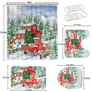 Alishomtll 4 Pcs Christmas Shower Curtain Sets with Non-Slip Rugs, Toilet Lid Cover, Bath Mat and 12 Hooks, Xmas Red Truck Shower Curtain for Christmas Bathroom Decoration Sets