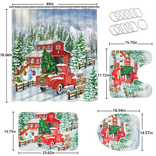 Alishomtll 4 Pcs Christmas Shower Curtain Sets with Non-Slip Rugs, Toilet Lid Cover, Bath Mat and 12 Hooks, Xmas Red Truck Shower Curtain for Christmas Bathroom Decoration Sets