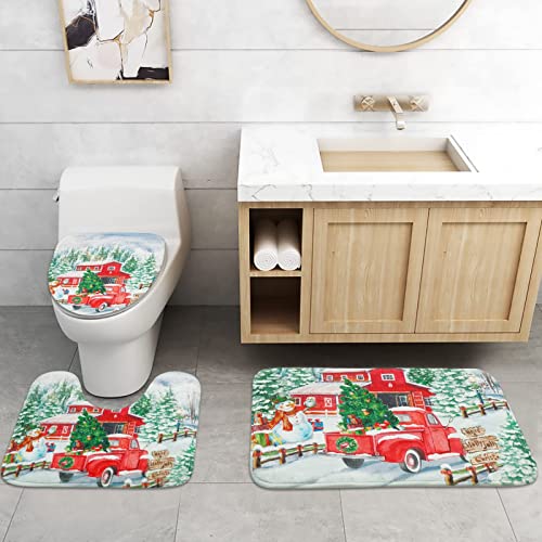 Alishomtll 4 Pcs Christmas Shower Curtain Sets with Non-Slip Rugs, Toilet Lid Cover, Bath Mat and 12 Hooks, Xmas Red Truck Shower Curtain for Christmas Bathroom Decoration Sets