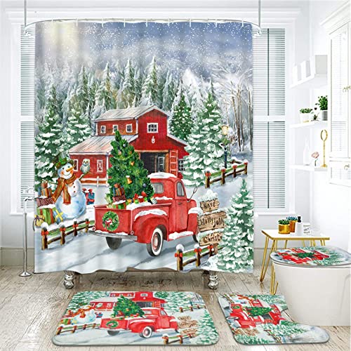 Alishomtll 4 Pcs Christmas Shower Curtain Sets with Non-Slip Rugs, Toilet Lid Cover, Bath Mat and 12 Hooks, Xmas Red Truck Shower Curtain for Christmas Bathroom Decoration Sets