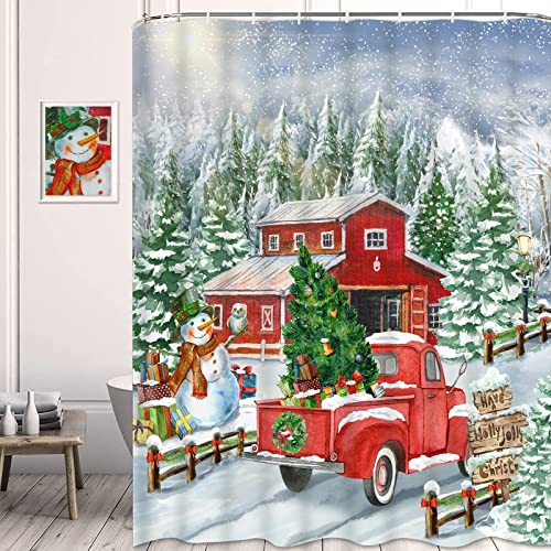 Alishomtll 4 Pcs Christmas Shower Curtain Sets with Non-Slip Rugs, Toilet Lid Cover, Bath Mat and 12 Hooks, Xmas Red Truck Shower Curtain for Christmas Bathroom Decoration Sets