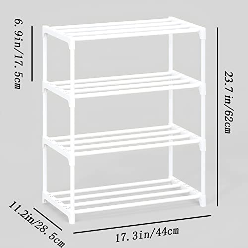 SOKOSEN 4-Tier Small Shoe Rack, Metal Stackable Kids Shoe Shelf Storage Zapateras Organizer,Narrow Shoe Stand Sturdy for Closet Hallway Entryway Living Room Bedroom（White）