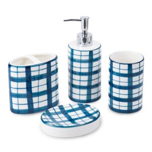 ceramic bathroom accessories set, bath vanity countertop blue plaid accessory sets complete, with soap/lotion dispenser, toothbrush holder, tumbler, soap holder