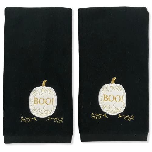 Halloween Fingertip Towels: Plush Black Towels with Embroidered White Pumpkin Boo Design, 2 Piece Set, 11" x 18" Inch (Boo)