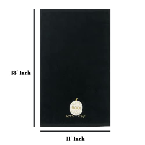 Halloween Fingertip Towels: Plush Black Towels with Embroidered White Pumpkin Boo Design, 2 Piece Set, 11" x 18" Inch (Boo)