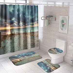 tropical ocean summer coastal nautical beach theme bathroom decor 4 pcs blue shower curtain sea sets, sharks and dolphins durable shower curtain toilet lid cover and bath mat with 12 hooks, 72" x 72"