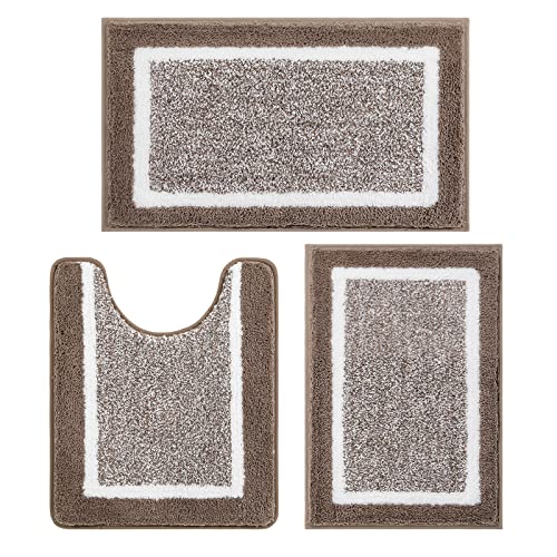 Pauwer Bathroom Rugs Sets 3 Piece Bathroom Shower Rugs with U-Shaped Contour Toilet Mat Absorbent Microfiber Plush Bath Mats Non Slip Bath Rugs Machine Washable Shaggy Bathroom Floor Mats, Coffee