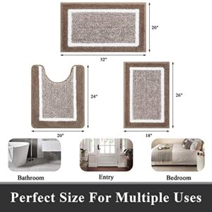 Pauwer Bathroom Rugs Sets 3 Piece Bathroom Shower Rugs with U-Shaped Contour Toilet Mat Absorbent Microfiber Plush Bath Mats Non Slip Bath Rugs Machine Washable Shaggy Bathroom Floor Mats, Coffee