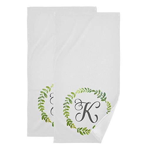 Oreayn Monogrammed Hand Towel for Bathroom Kitchen Beach Polyester Cotton Set of 2 Green Leaves Frame Wreath Fingertip Towel Soft Absorbent 28.3 x 14.4 Inch, Monogram Letter K