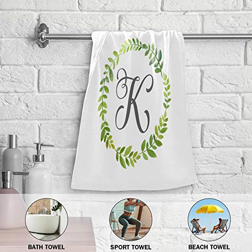 Oreayn Monogrammed Hand Towel for Bathroom Kitchen Beach Polyester Cotton Set of 2 Green Leaves Frame Wreath Fingertip Towel Soft Absorbent 28.3 x 14.4 Inch, Monogram Letter K