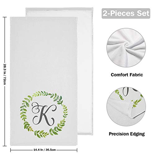 Oreayn Monogrammed Hand Towel for Bathroom Kitchen Beach Polyester Cotton Set of 2 Green Leaves Frame Wreath Fingertip Towel Soft Absorbent 28.3 x 14.4 Inch, Monogram Letter K