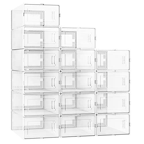 Fixwal 15 Pack Large Capacity Shoe Organizer Storage Boxes Foldable Shoe Storage Containers Clear Plastic Stackable Shoe Storage Bins for Closet, Space Saving