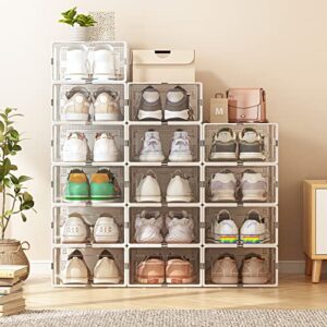 Fixwal 15 Pack Large Capacity Shoe Organizer Storage Boxes Foldable Shoe Storage Containers Clear Plastic Stackable Shoe Storage Bins for Closet, Space Saving