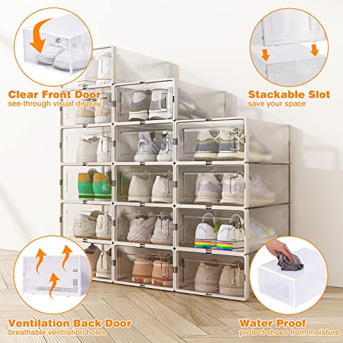 Fixwal 15 Pack Large Capacity Shoe Organizer Storage Boxes Foldable Shoe Storage Containers Clear Plastic Stackable Shoe Storage Bins for Closet, Space Saving