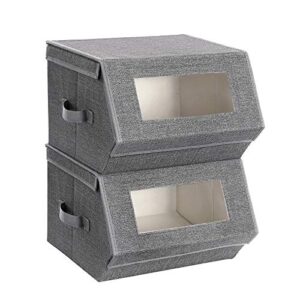 songmics stackable storage bins set of 2, fabric storage boxes with lids, storage cubes with magnetic closures, front windows, lids can stay open after stacking, dark gray urplb02g