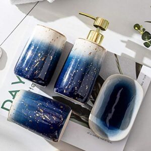 Ceramic Bathroom Accessories Set of 4 Gradient Blue Washing Set 2 Gargle Cups,1 Soap Dishes,1 Lotion Dispenser Ideas Home Gift for Ware Home Decor