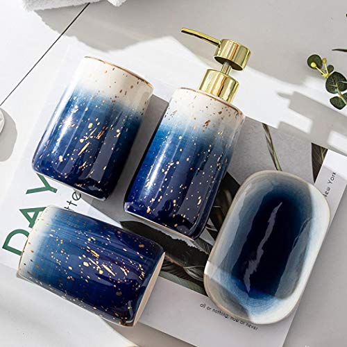 Ceramic Bathroom Accessories Set of 4 Gradient Blue Washing Set 2 Gargle Cups,1 Soap Dishes,1 Lotion Dispenser Ideas Home Gift for Ware Home Decor