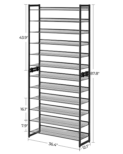 SONGMICS Shoe Rack, 12-Tier Tall Metal Shoe Storage Organizer for Closet, Entryway, Garage, Set of 2 6-Tier Big Stackable Shoes Rack Shelf, Adjustable Feet & Slanted Shelves, Holds 48-60 Pairs, Black