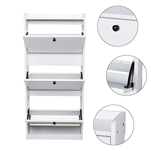 TBVECHI Narrow Shoe Cabinet, 3 Flip Drawers Freestanding Shoe Storage Cabinet Organizer, Corner Shoe Storage for Narrow Entryway Hallway Closet White Wood, Shoe Rack Storage