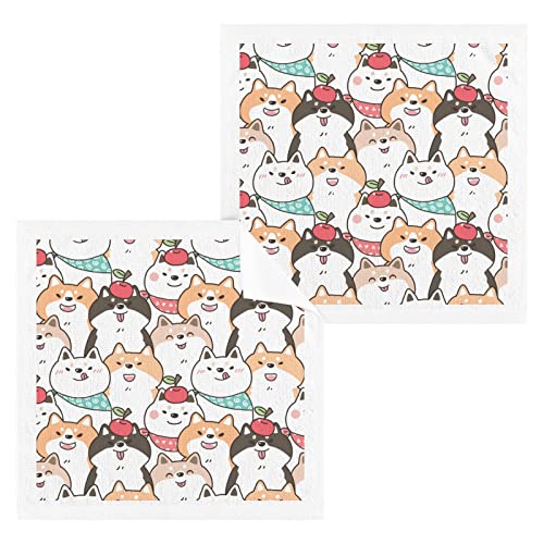 KEEPREAL 2 Pack Cartoon Shiba Inu Dog Washcloths Set - Highly Absorbent Pure Cotton Wash Clothes - Soft Fingertip Towel for Bath, Spa