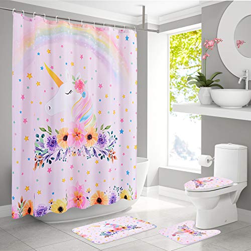 Rainbow Unicorn Bathroom Sets with Shower Curtain Rugs Mats Non Slip Waterproof Bathroom Decorations Accessory Sets 4 PCS with Rugs Toilet Lid Cover Bath Mat for Kids Girls