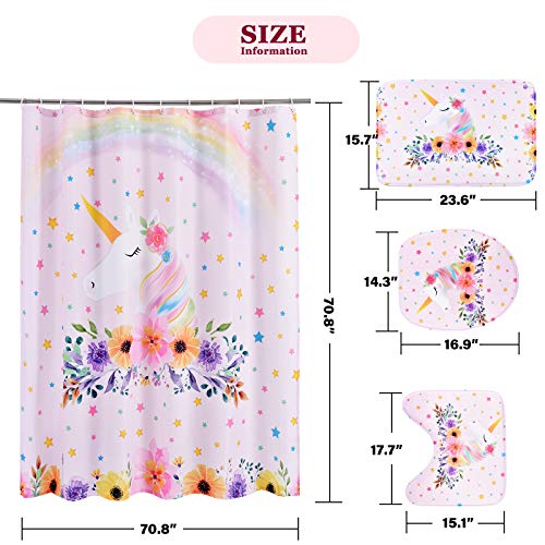 Rainbow Unicorn Bathroom Sets with Shower Curtain Rugs Mats Non Slip Waterproof Bathroom Decorations Accessory Sets 4 PCS with Rugs Toilet Lid Cover Bath Mat for Kids Girls