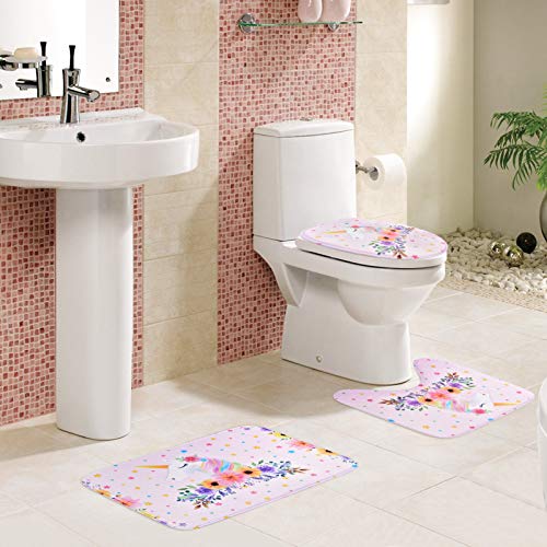 Rainbow Unicorn Bathroom Sets with Shower Curtain Rugs Mats Non Slip Waterproof Bathroom Decorations Accessory Sets 4 PCS with Rugs Toilet Lid Cover Bath Mat for Kids Girls