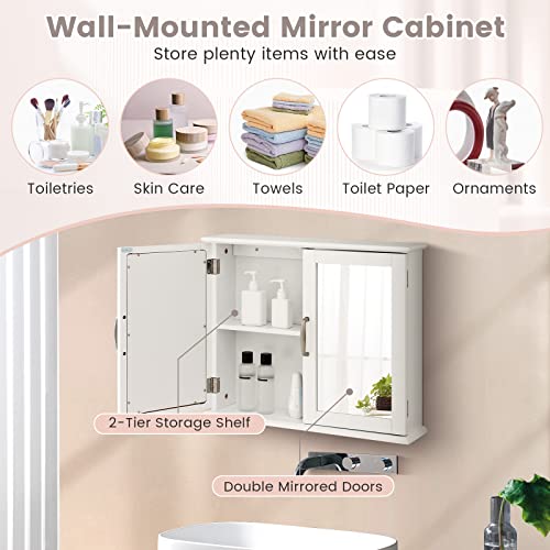 Tangkula Medicine Cabinet with Mirror, Bathroom Wall Mounted Mirror Cabinet with Double Mirror Doors, Bathroom Mirror with Storage Cabinet, 23.5 x 5.5 x 19.5 Inches (White)