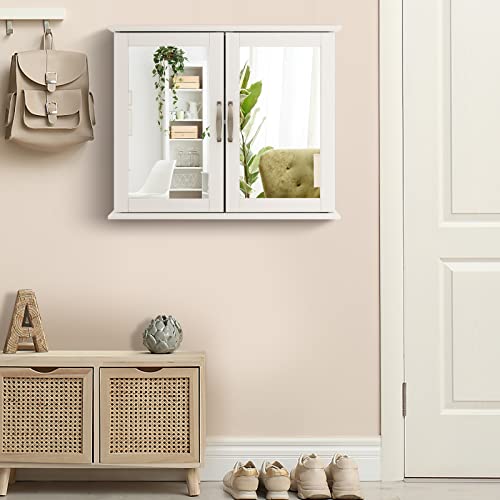 Tangkula Medicine Cabinet with Mirror, Bathroom Wall Mounted Mirror Cabinet with Double Mirror Doors, Bathroom Mirror with Storage Cabinet, 23.5 x 5.5 x 19.5 Inches (White)