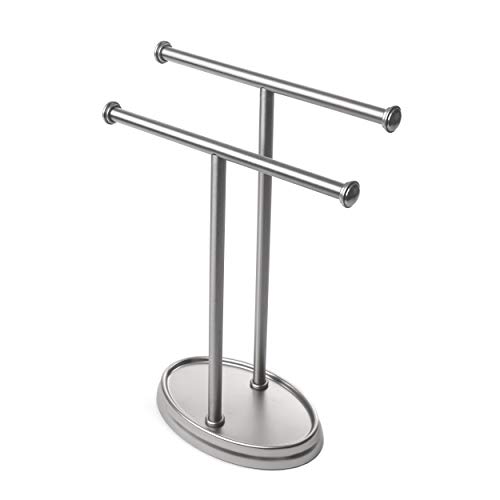 Umbra Palm Double Hand Towel Tree, Brushed Nickel 2 Towels Holder and Accessories Stand for Bathroom Vanities - Slim, Modern, Durable Bars With Base Serves as a Jewelry Tray for Rings