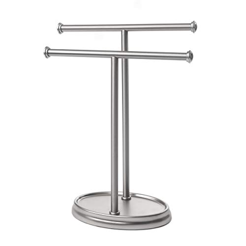 Umbra Palm Double Hand Towel Tree, Brushed Nickel 2 Towels Holder and Accessories Stand for Bathroom Vanities - Slim, Modern, Durable Bars With Base Serves as a Jewelry Tray for Rings