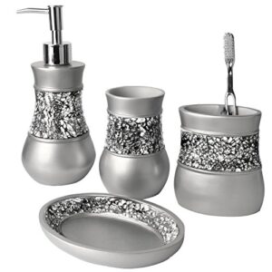 creative scents gray bathroom accessories set - 4 piece bathroom decor set for home, bath restroom set features soap dispenser, toothbrush holder, tumbler, soap dish - bling silver mosaic glass