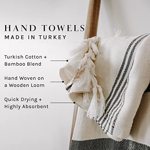 Sweet Water Decor Turkish Cotton + Bamboo Hand Towels | Large Size 19 x 35 | Cream with Decorative Stripes | Bathroom, Kitchen, Dish, or Baby Towel (Jordan - Three Black Stripes)