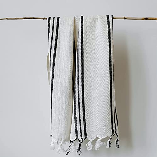 Sweet Water Decor Turkish Cotton + Bamboo Hand Towels | Large Size 19 x 35 | Cream with Decorative Stripes | Bathroom, Kitchen, Dish, or Baby Towel (Jordan - Three Black Stripes)