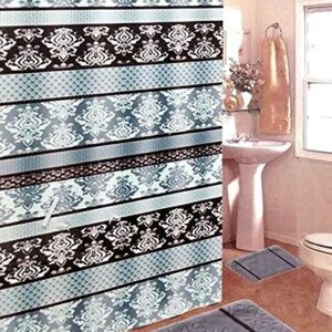 Qutain Linen Beckham Brown & Blue 15-Piece Bathroom Set: 2-Rugs/mats, 1-Shower Curtain, 12-Chrome Hooks