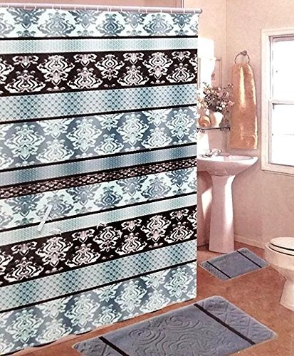 Qutain Linen Beckham Brown & Blue 15-Piece Bathroom Set: 2-Rugs/mats, 1-Shower Curtain, 12-Chrome Hooks