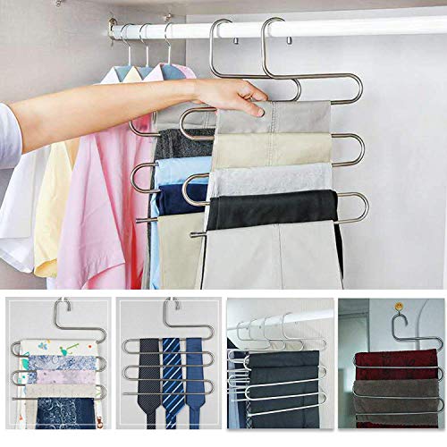 Pants Hangers S-Shape Trousers Hangers Stainless Steel Clothes Hangers Closet Space Saving for Pants Jeans Scarf Hanging Silver (4 Pack)