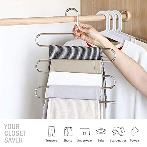 Pants Hangers S-Shape Trousers Hangers Stainless Steel Clothes Hangers Closet Space Saving for Pants Jeans Scarf Hanging Silver (4 Pack)