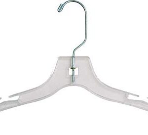 Clear Plastic Kids Top Hanger, (Box of 50) Small 12 inch Space Saving Childrens Shirt Hangers with Notches and 360 Degree Chrome Swivel Hook by The Great American Hanger Company