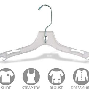 Clear Plastic Kids Top Hanger, (Box of 50) Small 12 inch Space Saving Childrens Shirt Hangers with Notches and 360 Degree Chrome Swivel Hook by The Great American Hanger Company