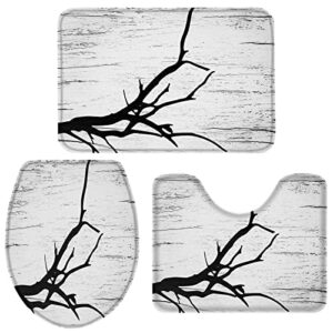 apular fashion 3 piece bath rugs set tree branch black white vintage wood grain non slip ultra soft bathroom accessories mats, u shape mat and toilet lid cover mat bath mats