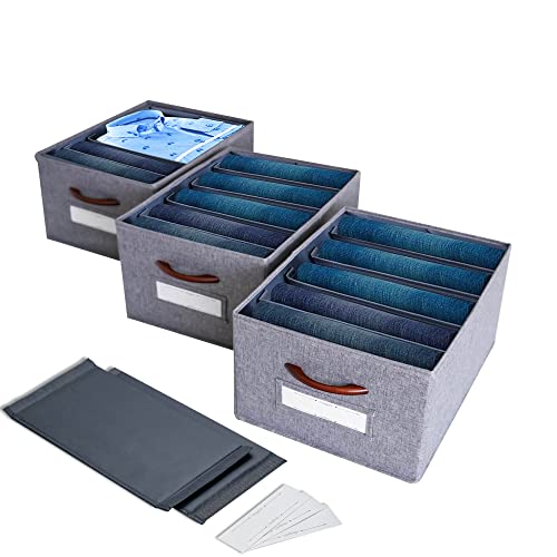 Multifunctional Jeans Organizer for Closet- Foldable Washable Wardrobe Closet Pants Organizer with Label Windows, Labels, Carrying Handles & 5 Large Grid Removable Dividers- Gray Wood Handles, 3 Pack