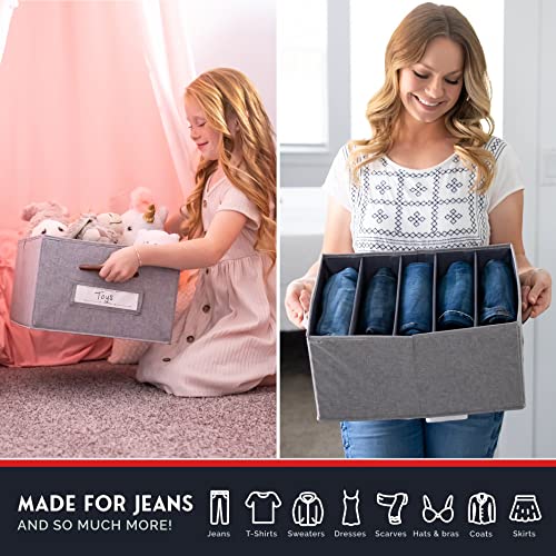 Multifunctional Jeans Organizer for Closet- Foldable Washable Wardrobe Closet Pants Organizer with Label Windows, Labels, Carrying Handles & 5 Large Grid Removable Dividers- Gray Wood Handles, 3 Pack